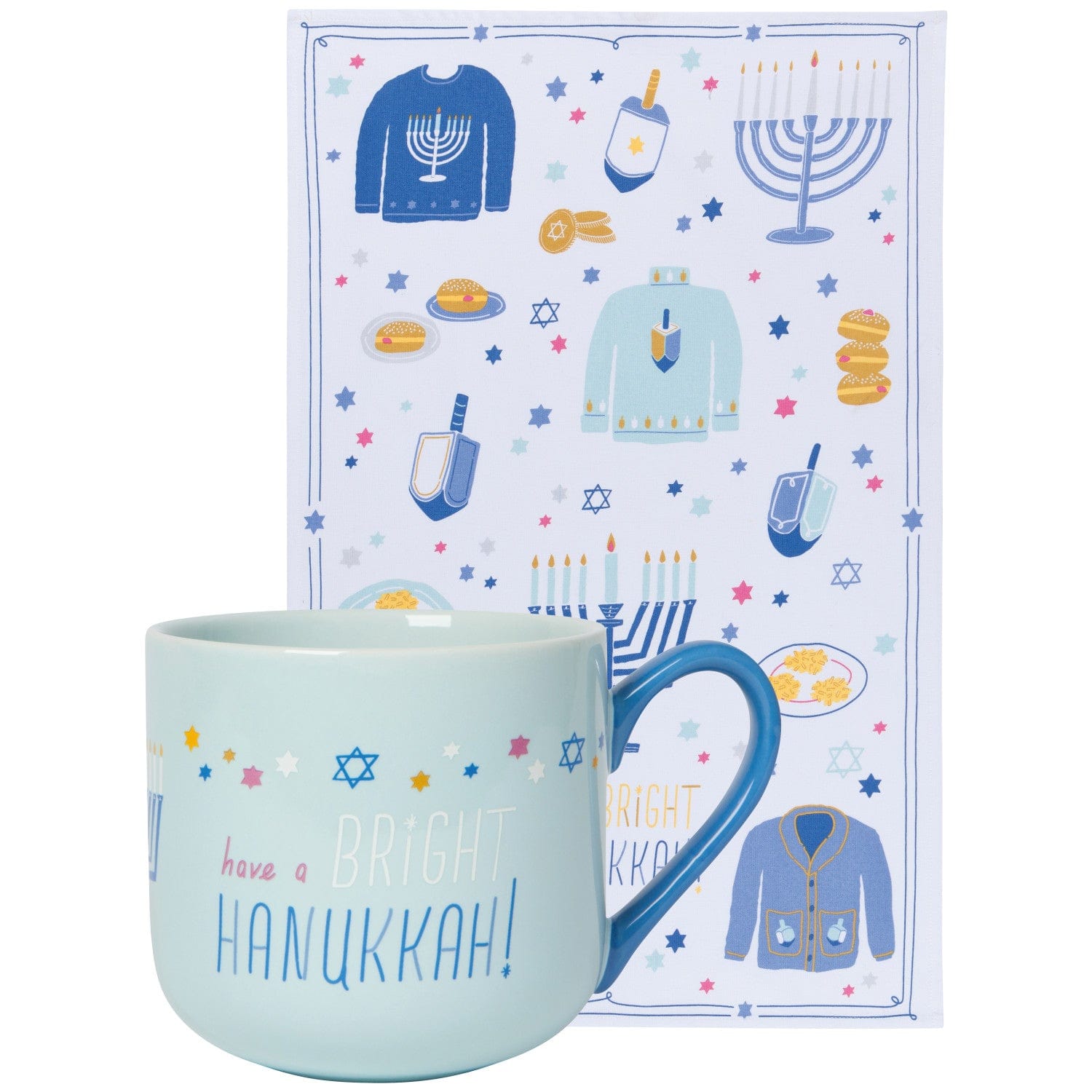Bright Hanukkah Mug and Dishtowel Set