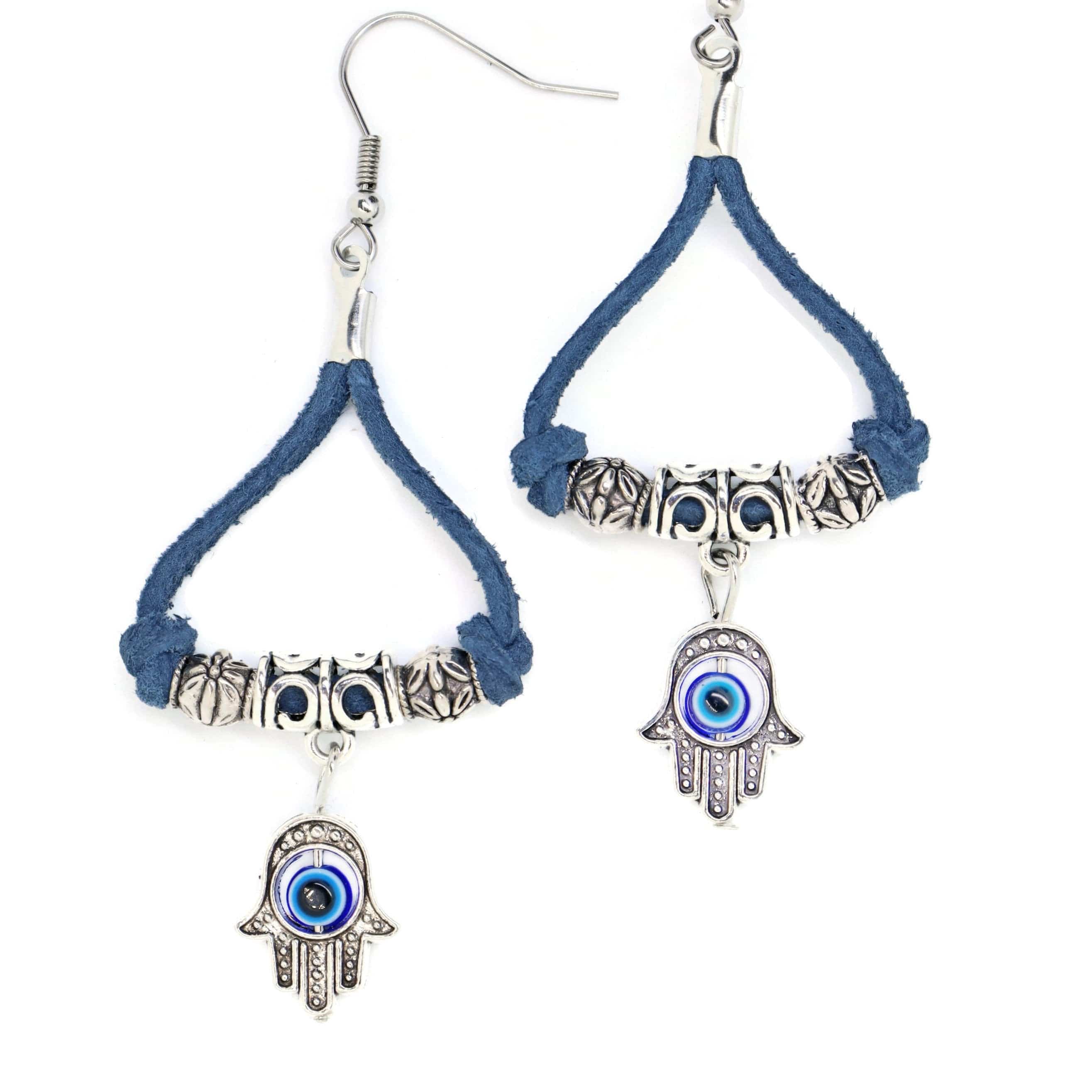 Tibetan Boho Hamsa Earrings - Slate Blue