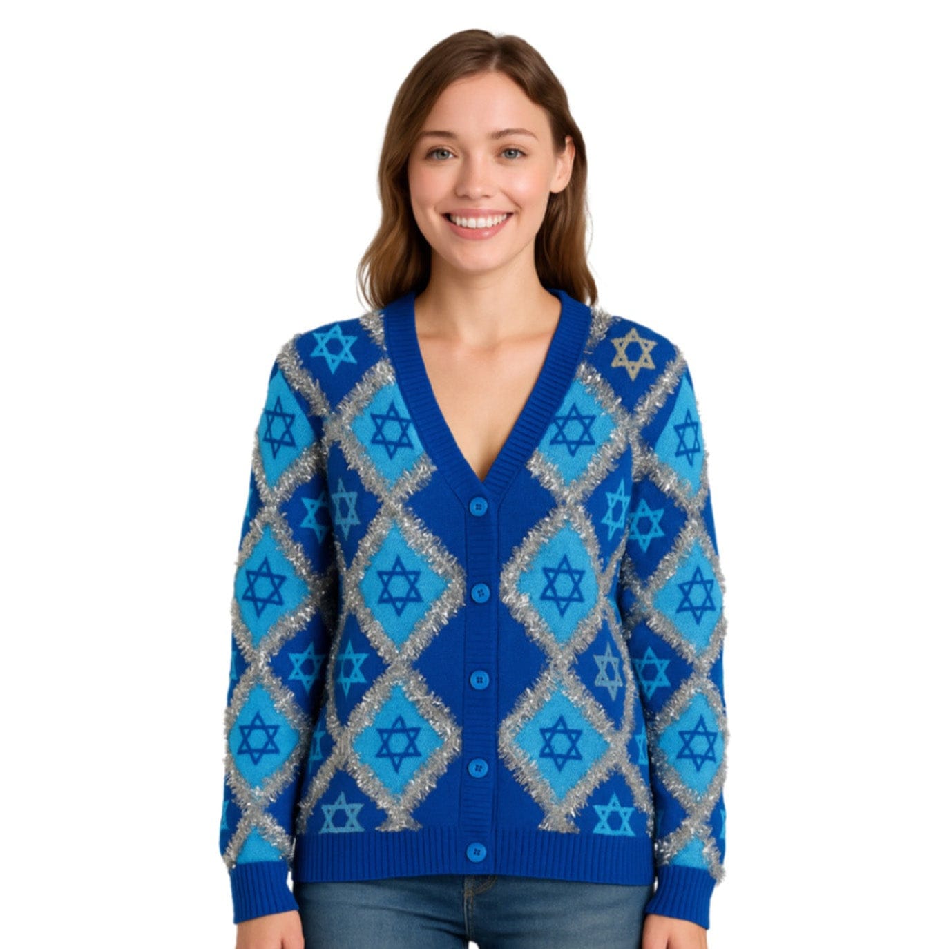 Women's Hanukkah Tinsel Cardigan Sweater by Tipsy Elves (Sizes Small