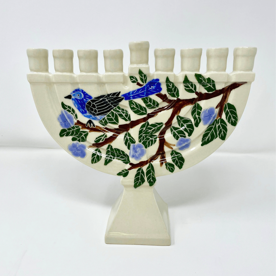 Blue Bird Porcelain Menorah by Goodstein Ceramics