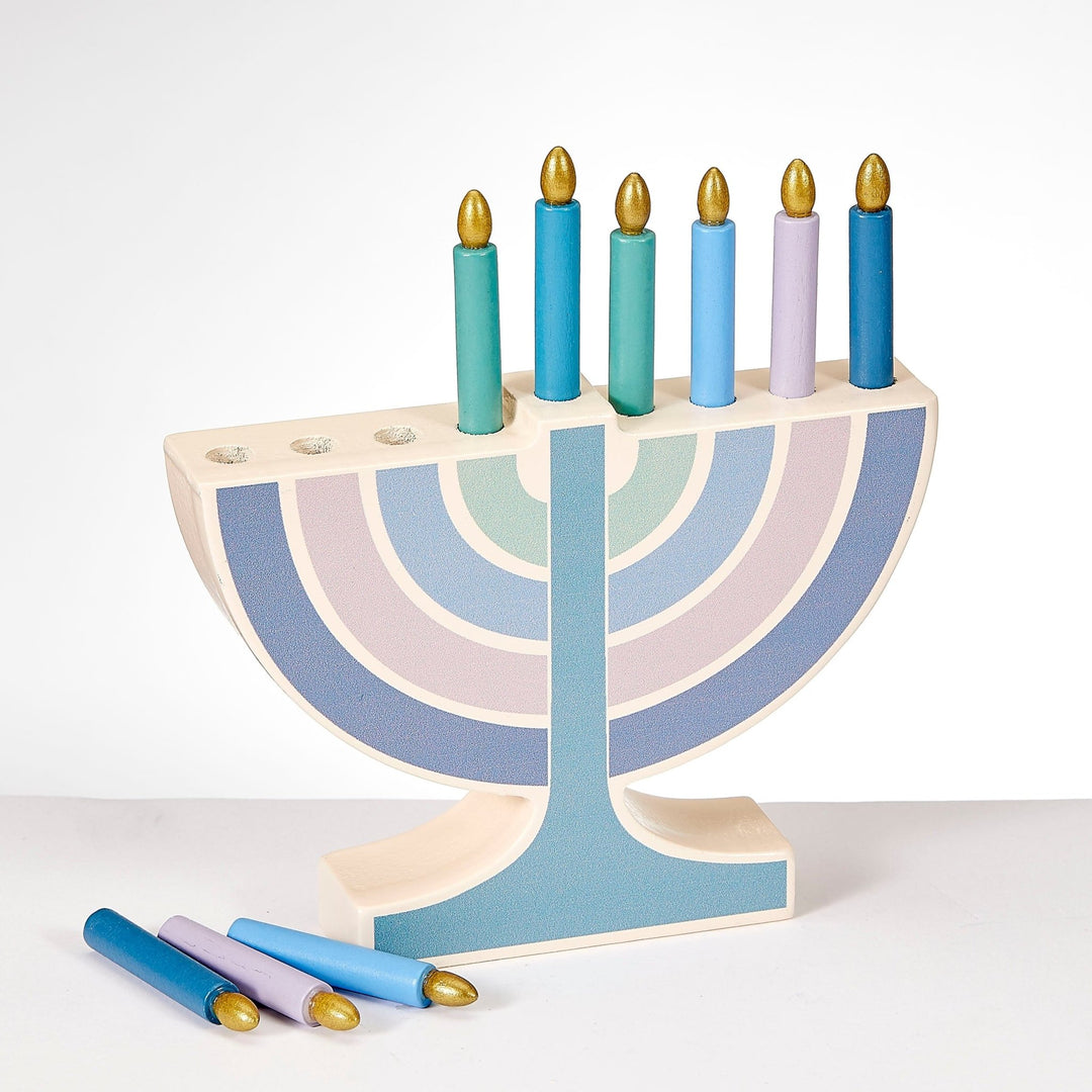 Mini Wood Menorah With Removable Wooden Candles - Pastel