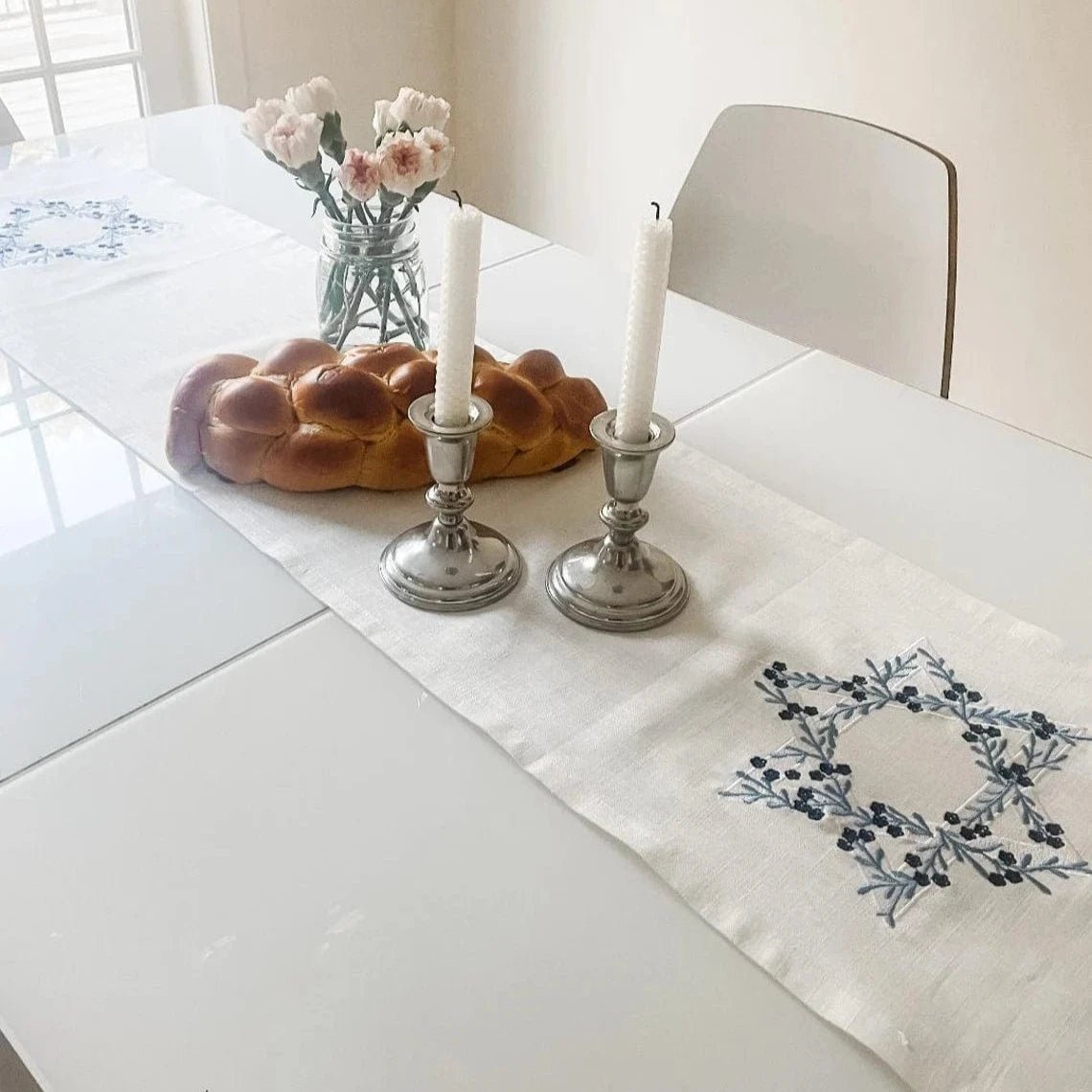 Ivory Linen Table Runner with Floral Magen David