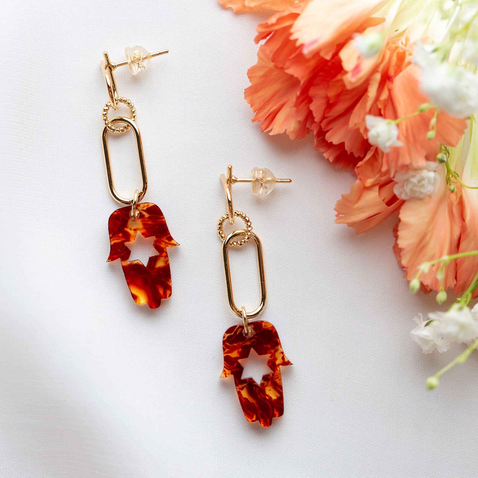 Tortoise and Gold Paper Clip Hamsa Earrings