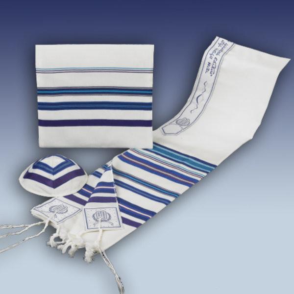 Classic Blue Striped Tallis, Kippah, and Bag - 100% Wool