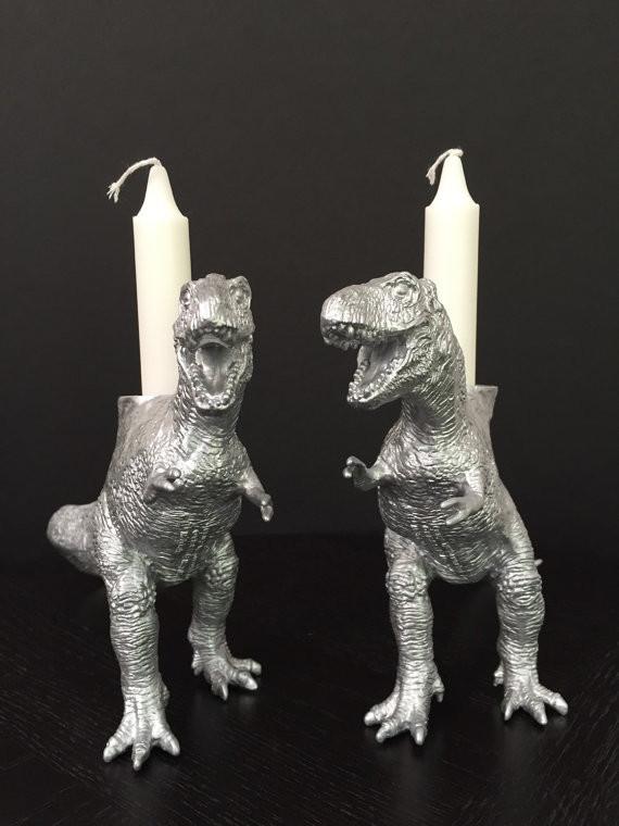 Dinosaur Shabbat Candlesticks in Silver