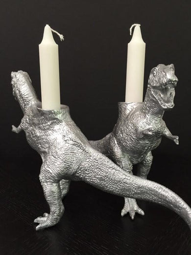 Dinosaur Shabbat Candlesticks in Silver