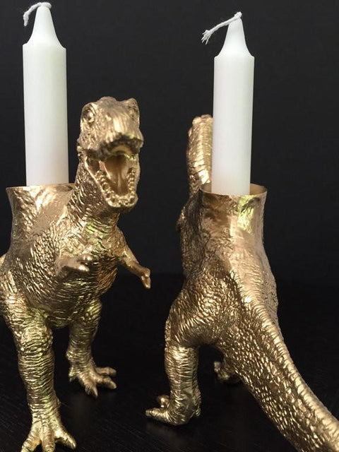 Dinosaur Shabbat Candlesticks in Gold