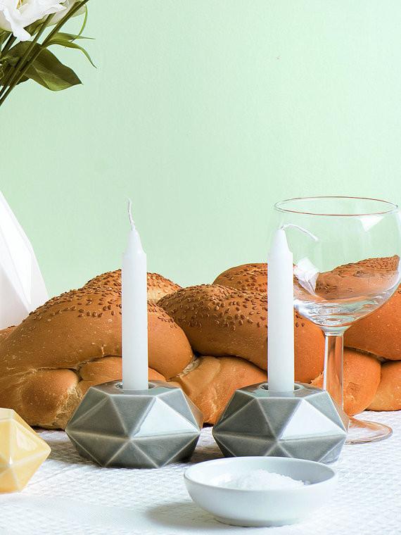 Grey Hexagon Candlesticks - Pair