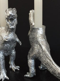 Dinosaur Shabbat Candlesticks in Silver