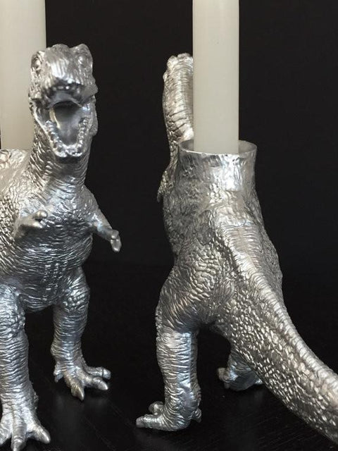 Dinosaur Shabbat Candlesticks in Silver